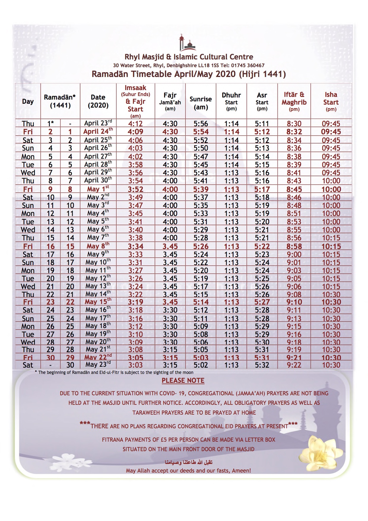 Ramadaan Timetable 1441 – Rhyl Masjid & Islamic Cultural Centre
